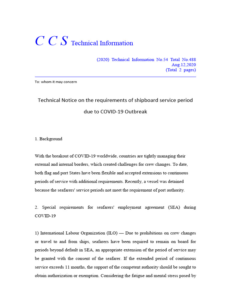CCS 54-2020 - Requirements of Shipboard Service Due To COVID-19 | PDF ...