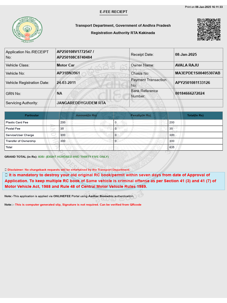 AP31BN3961 TOKEN | PDF | Receipt | Fee