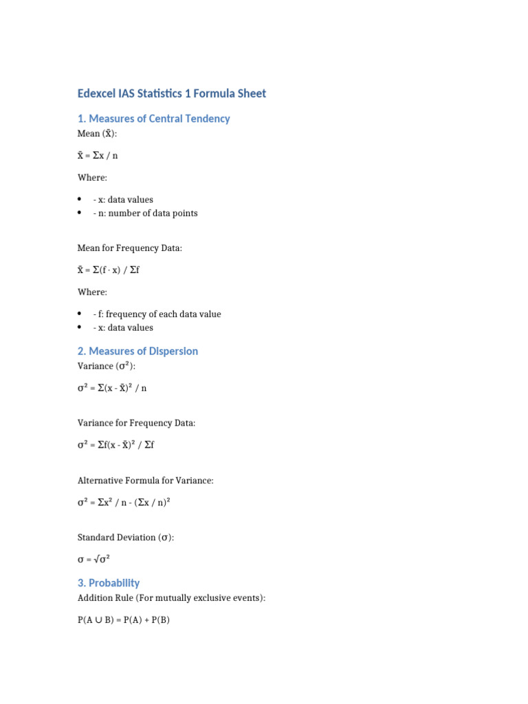 Edexcel IAS Statistics1 Formula Sheet | PDF