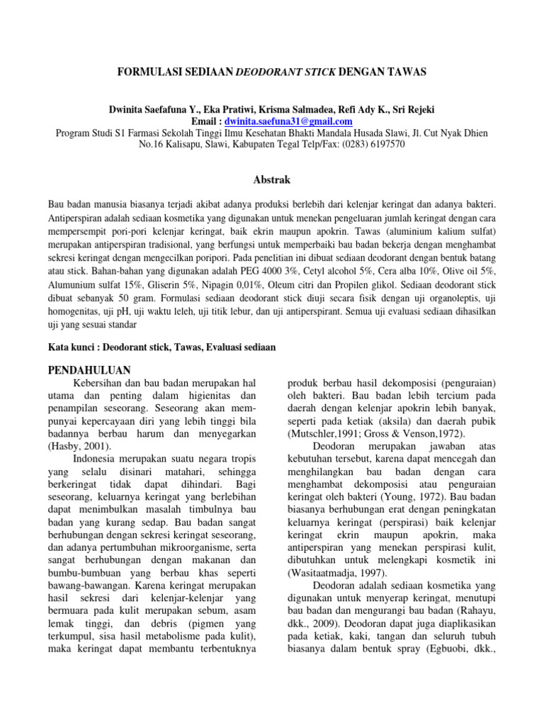 Formulasi Sediaan Deodorant Stick Dengan | PDF
