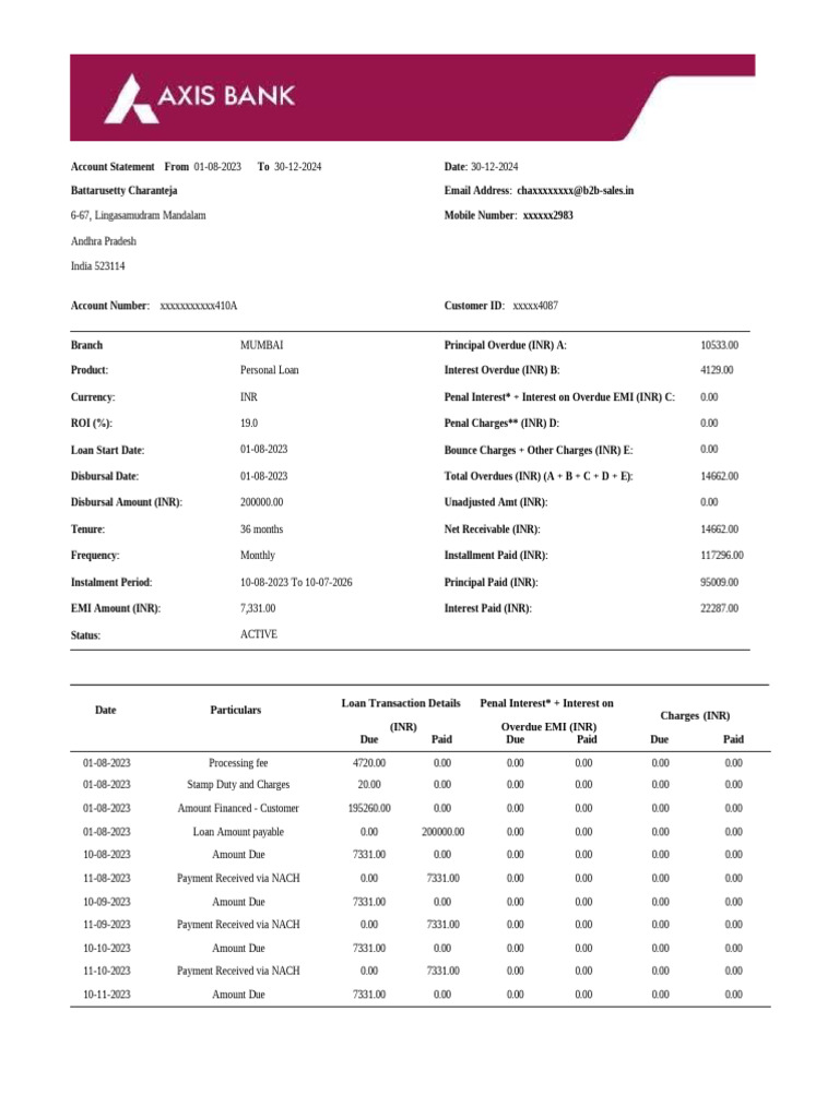 Axis Bank Personal Loan Statement | PDF | Money | Financial Services