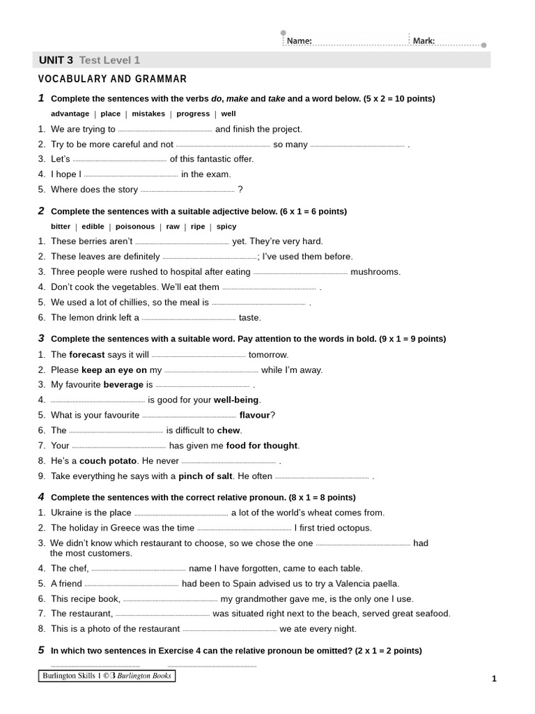 01Skills1 U3 L1 Test VocabularyGrammar | PDF | Restaurants | Foods