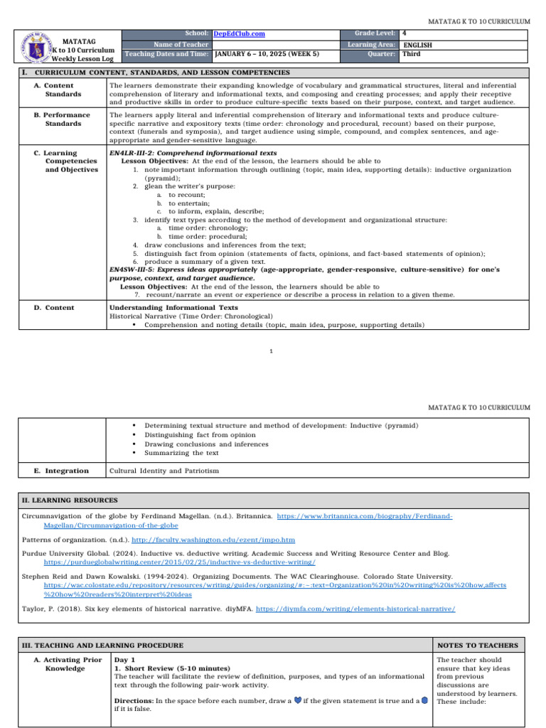 DLL Matatag - English 4 Q3 W5 | PDF