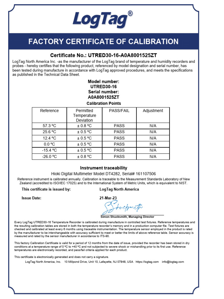 LogTag UTRED30-16 Calibration Certificate | PDF | Calibration | Metrology