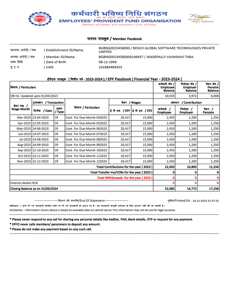 EPF Passbook Summary 2023-2024 | PDF | Government Finances | Personal ...
