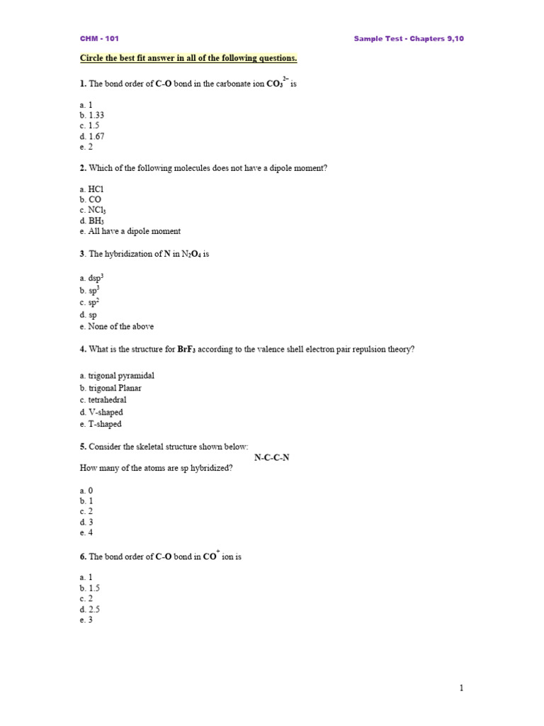Sample Test - Chapters 9,10 | PDF | Chemical Bond | Chemical Polarity