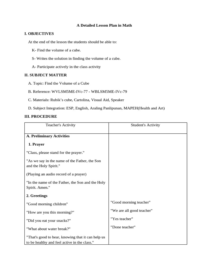 A Detailed Lesson Plan in Math | PDF | Volume