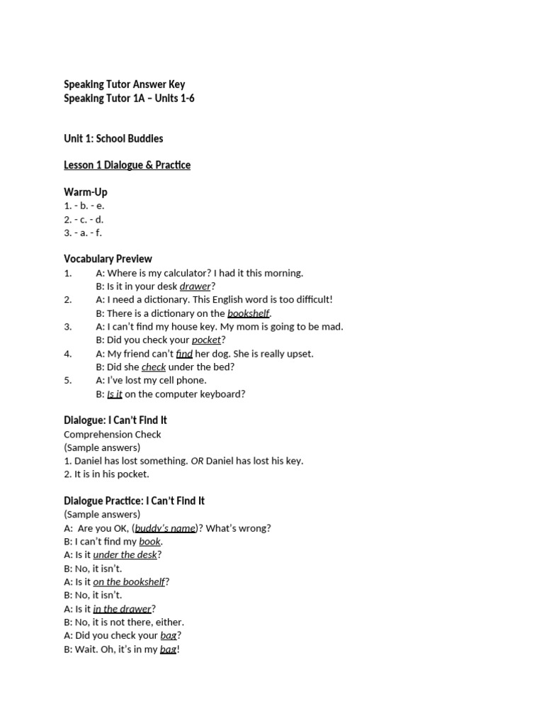 Speaking Tutor 1A Answer Key 021727 | PDF
