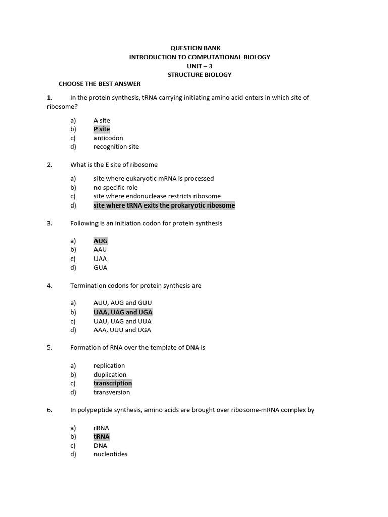 Question Bank - Unit 3 - Introduction To Computational Biology | PDF ...