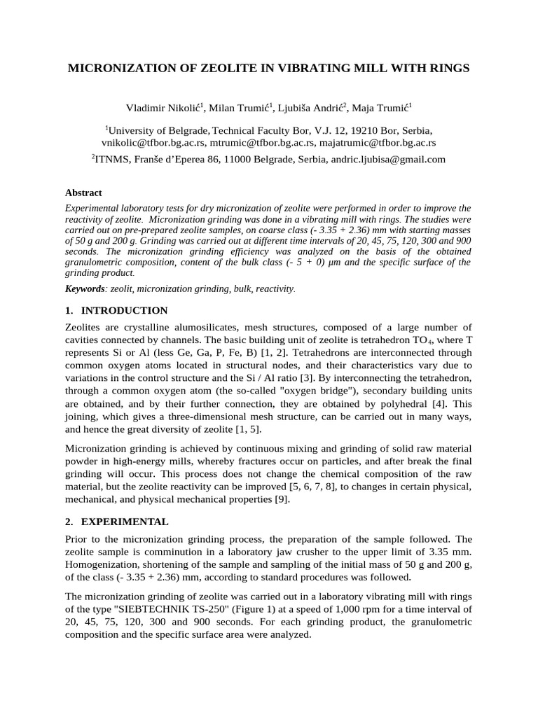 Micronization of Zeolite in Vibrating Mill With Rings Ioc 2018 Final ...