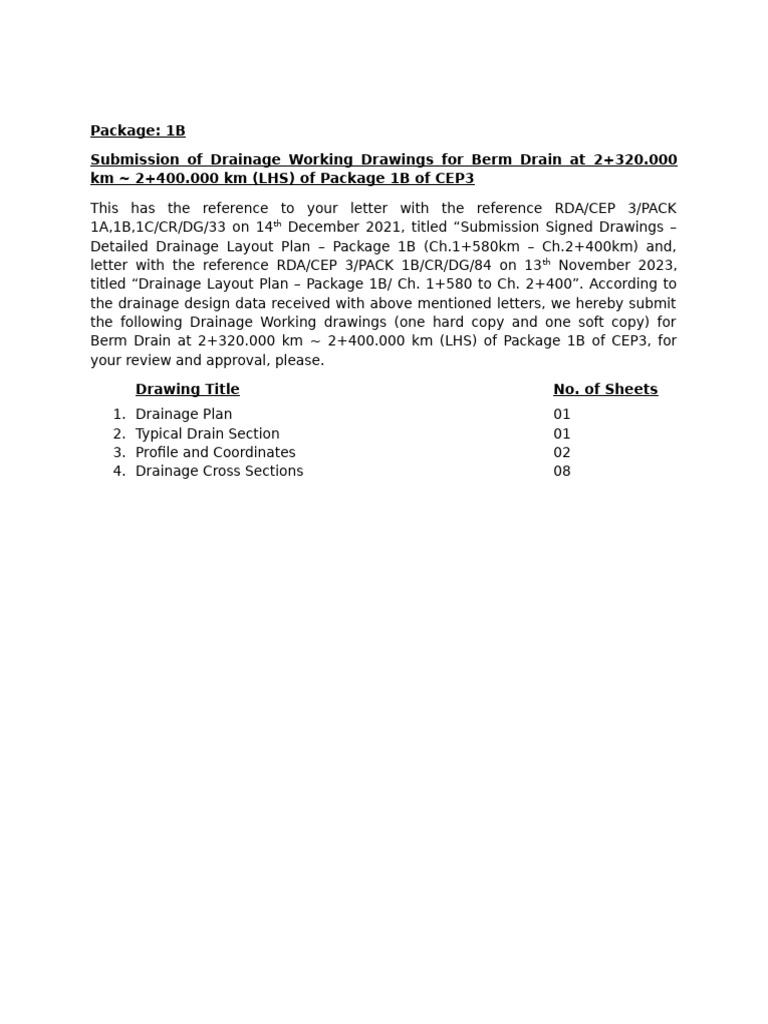 Submission of Drainage Working Drawings For Berm Drain at 2+320.000 KM ...