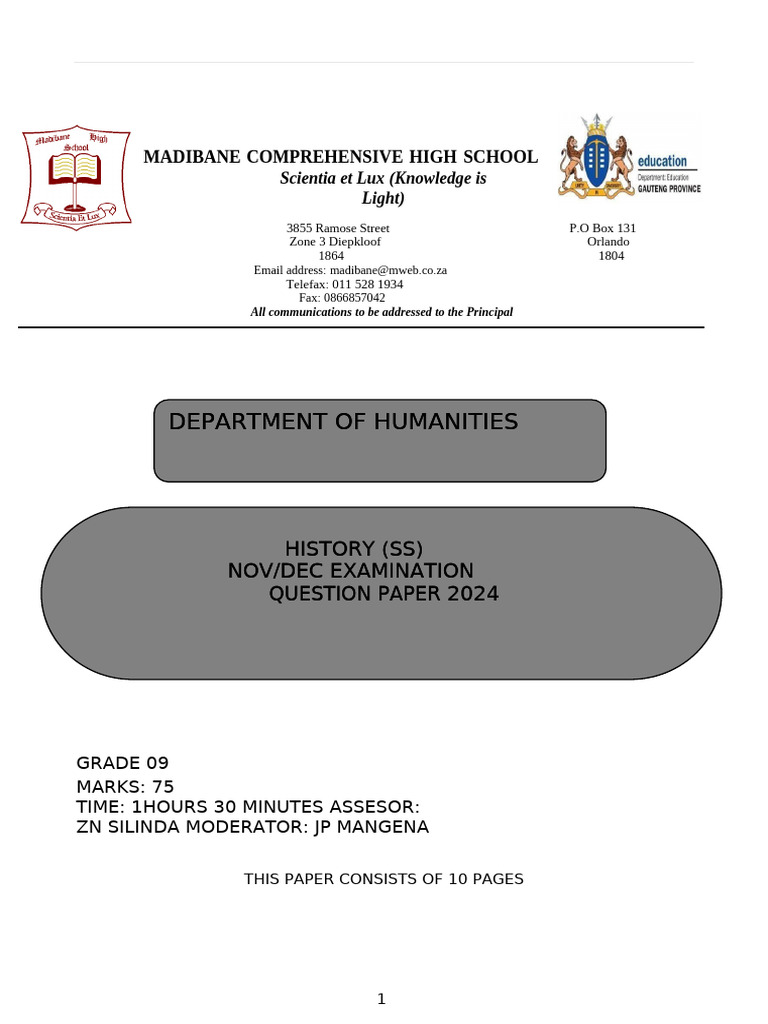 Grade - 9 History QP 2024 | PDF | Apartheid | South Africa