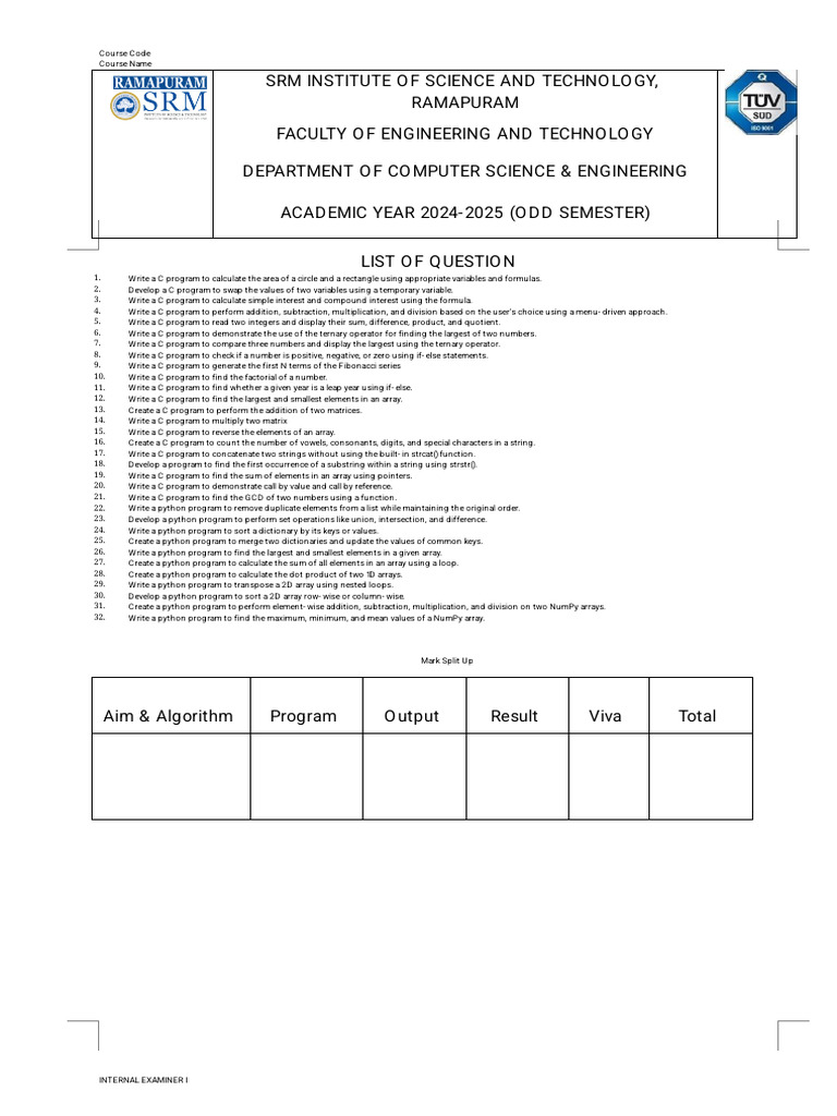 List of Question for Pps Practical Examination | PDF | Multiplication | Matrix (Mathematics)