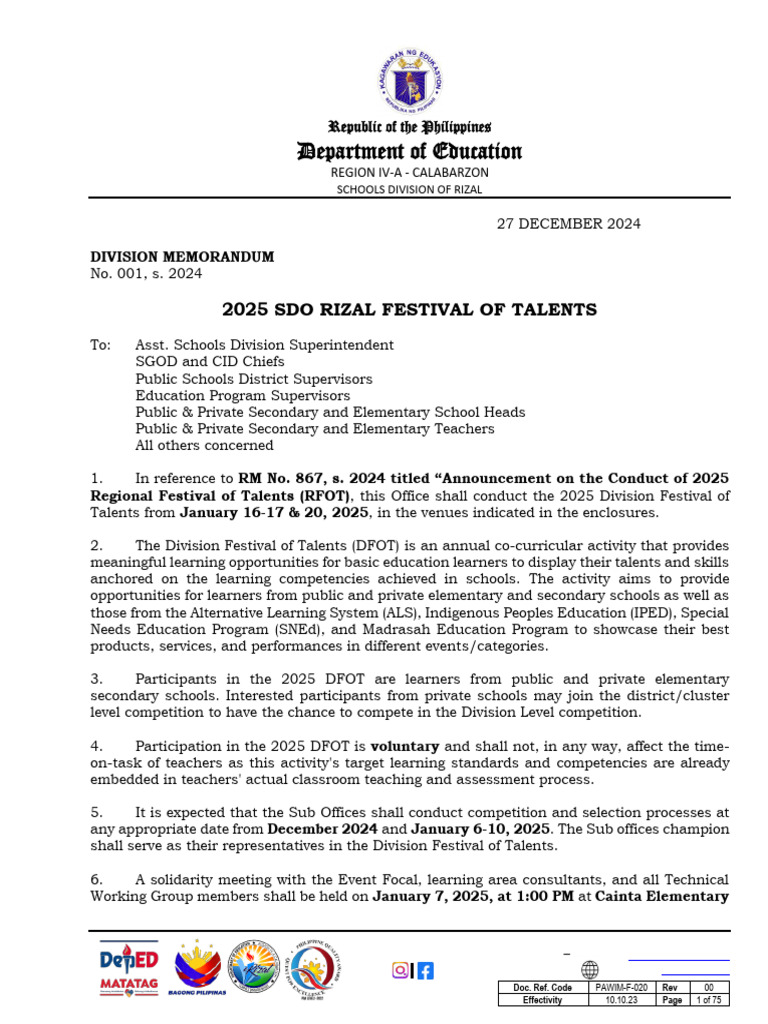 Division Memorandum No. 001 S. 2025 | PDF | Reading Comprehension ...