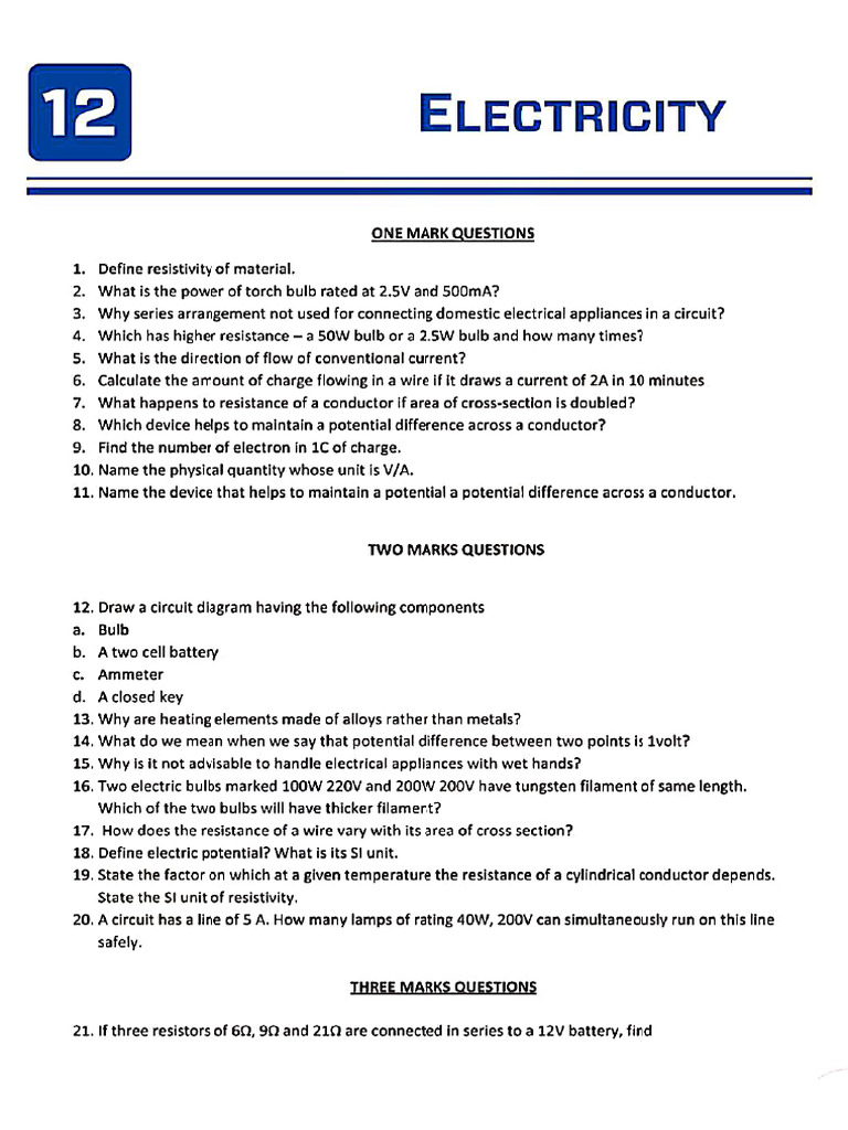 Electricity (Worksheet) | PDF