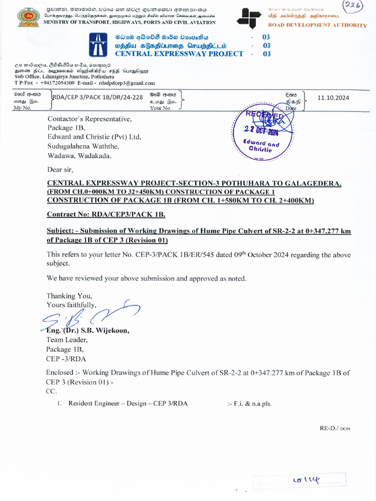 RDA-CEP3-PACK 1B-DR-24-228 Submission of Working Drawings of Hume Pipe ...