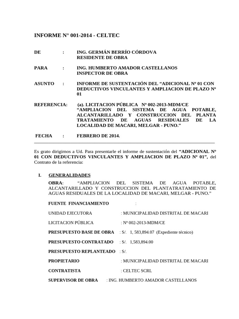 Adici. N - 01 Con Ded. Vinc. Ma. 2014 Macari Corregido Germanacio | PDF | Hormigón | Presupuesto