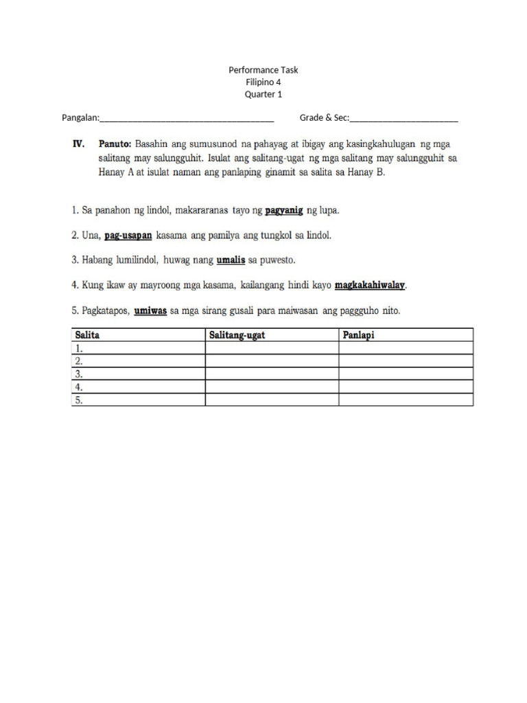 Performance Task Filipino 4 Q1 | PDF