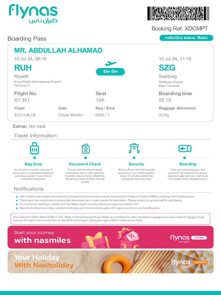 Flynas Travel Guidelines and Boarding Pass Info | PDF | Baggage | Business Class