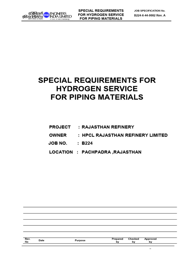 Special Requirement For Hydrogen Service For Piping Materials | PDF ...