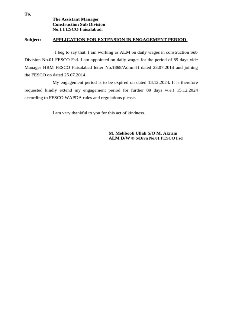 Application For Extension in Engagement Period Mehboob C-1 | PDF