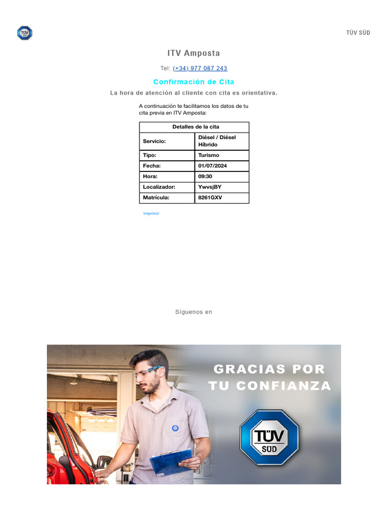 Confirmación cita previa ITV Amposta Tuv Sud | PDF