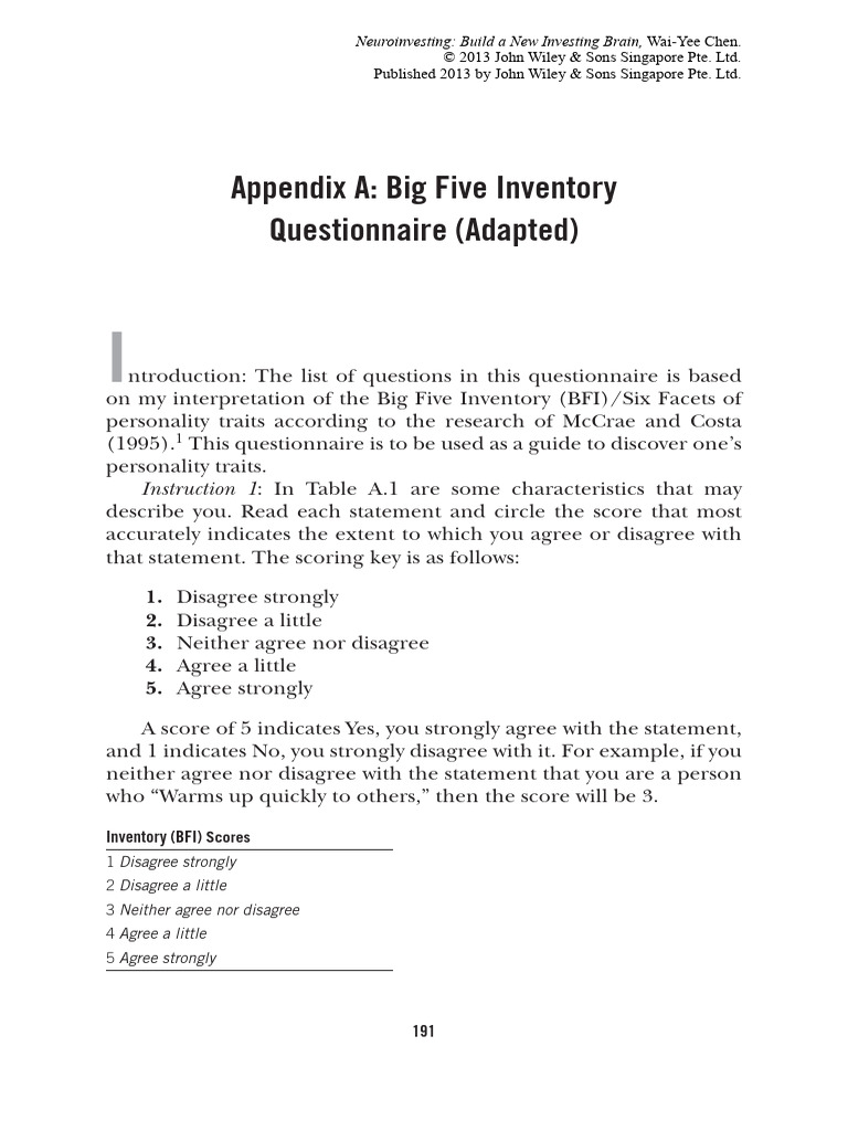 NeuroInvesting - 2013 - Chen - Appendix A Big Five Inventory Questionnaire Adapted | PDF ...