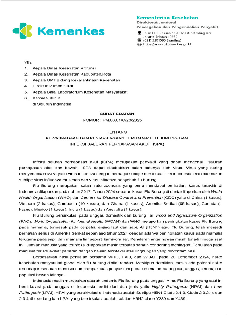 SE Kewaspadaan Dan Kesiapsiagaan Flu Burung - Revisi | PDF