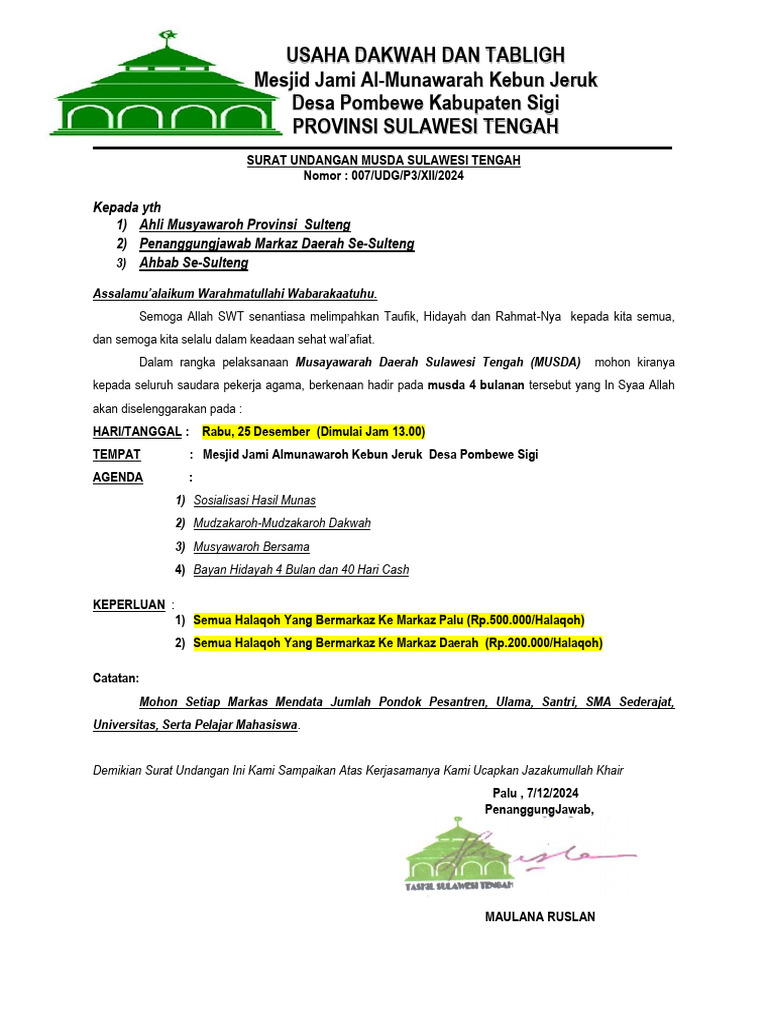 UNDANGAN MUSDA SULTENG DAN TAKAZA PER HALAQOH | PDF