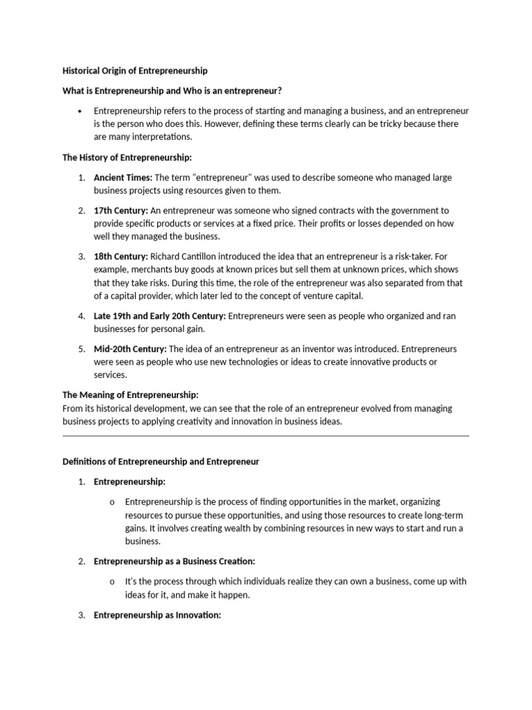 Historical Overview of Entrepreneurship | PDF | Entrepreneurship ...