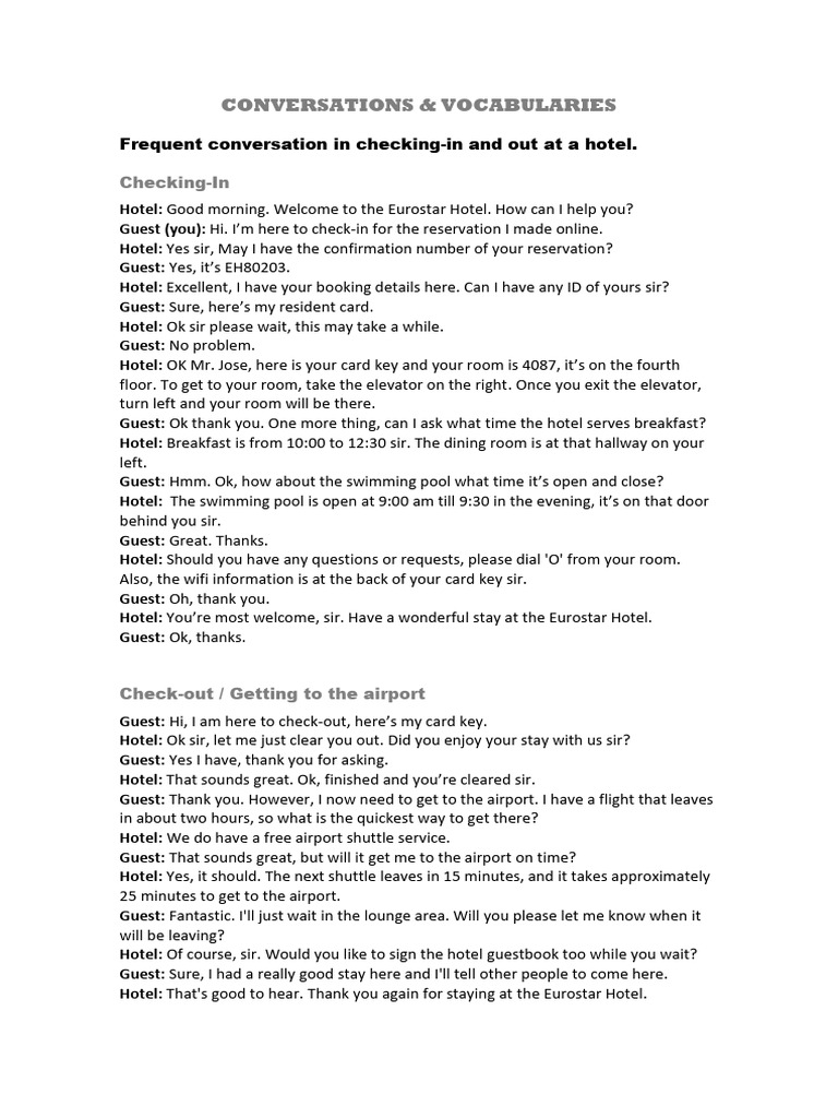 Hotel Check-In/Out & Dining Conversations | PDF | Waiting Staff | Car
