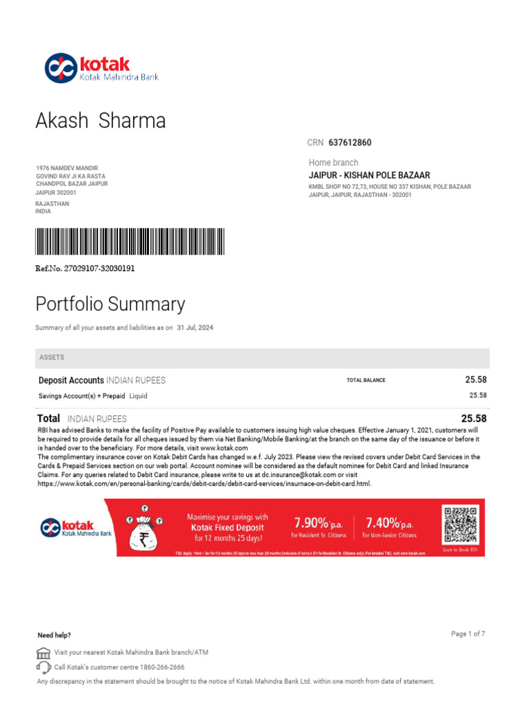 Kotak Bank July 2024 Account Statement | PDF | Banks | Payments