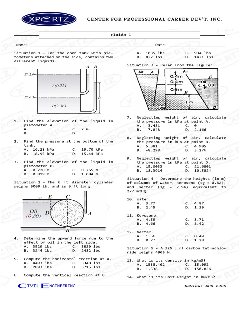 Fluids 1 - Practice Problems | PDF | Pressure | Pascal (Unit)