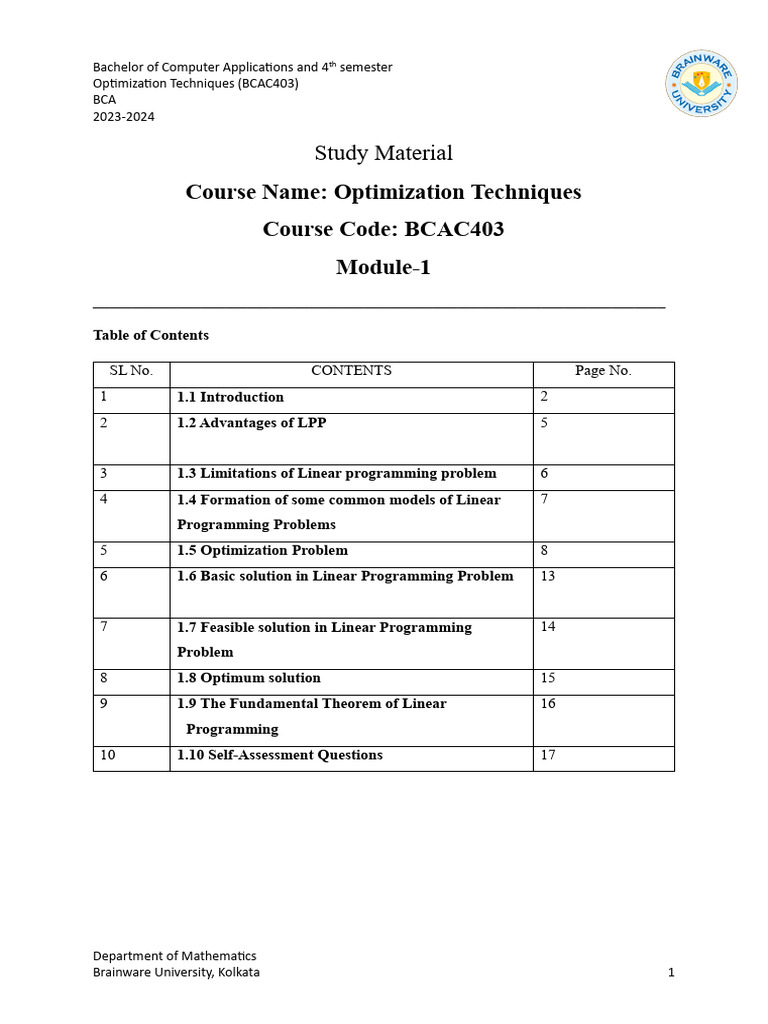 BCAC403 ClassNote Module-1 | PDF | Mathematical Optimization | Linear Programming