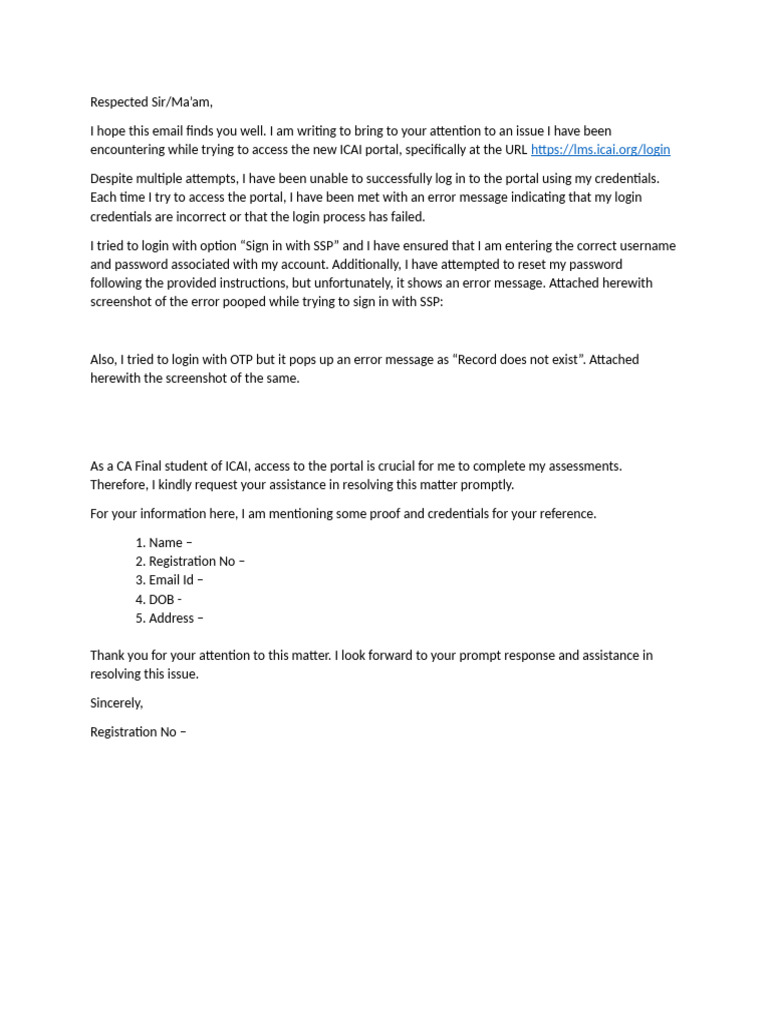 Email Draft To ICAI For Unable To Login To Digital Learning Campus ...