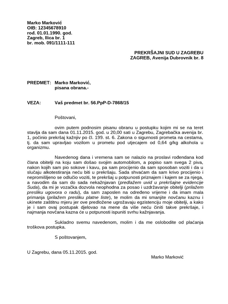 prekr%C5%A1ajni%20nalog%20-%20pisana%20obrana%20-%20alkohol | PDF