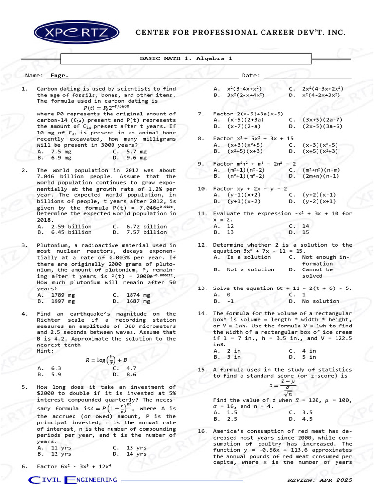 Basic Math 1 Additional Practice Problems Algebra Practice Problems