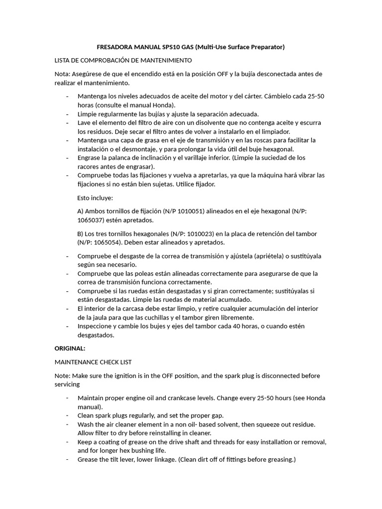 FRESADORA MANUAL SPS10 GAS - Checklist Mantenimiento | PDF | Tornillo ...