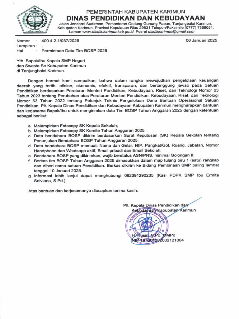 Permintaan Data Tim Bosp 2025 | PDF