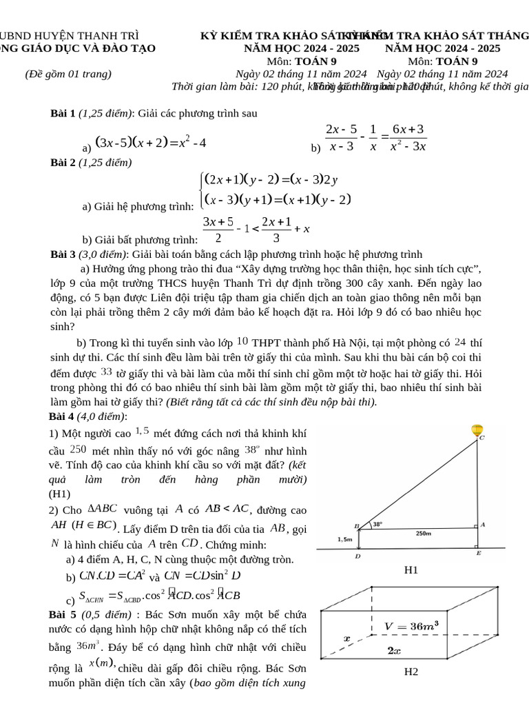 Đề GKI, KS tháng 10 Toán 9 Huyện Thanh Trì - Chính thức | PDF