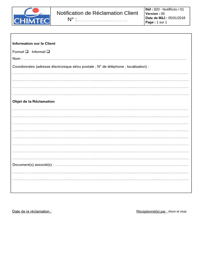 Notification de Réclamation Client | PDF