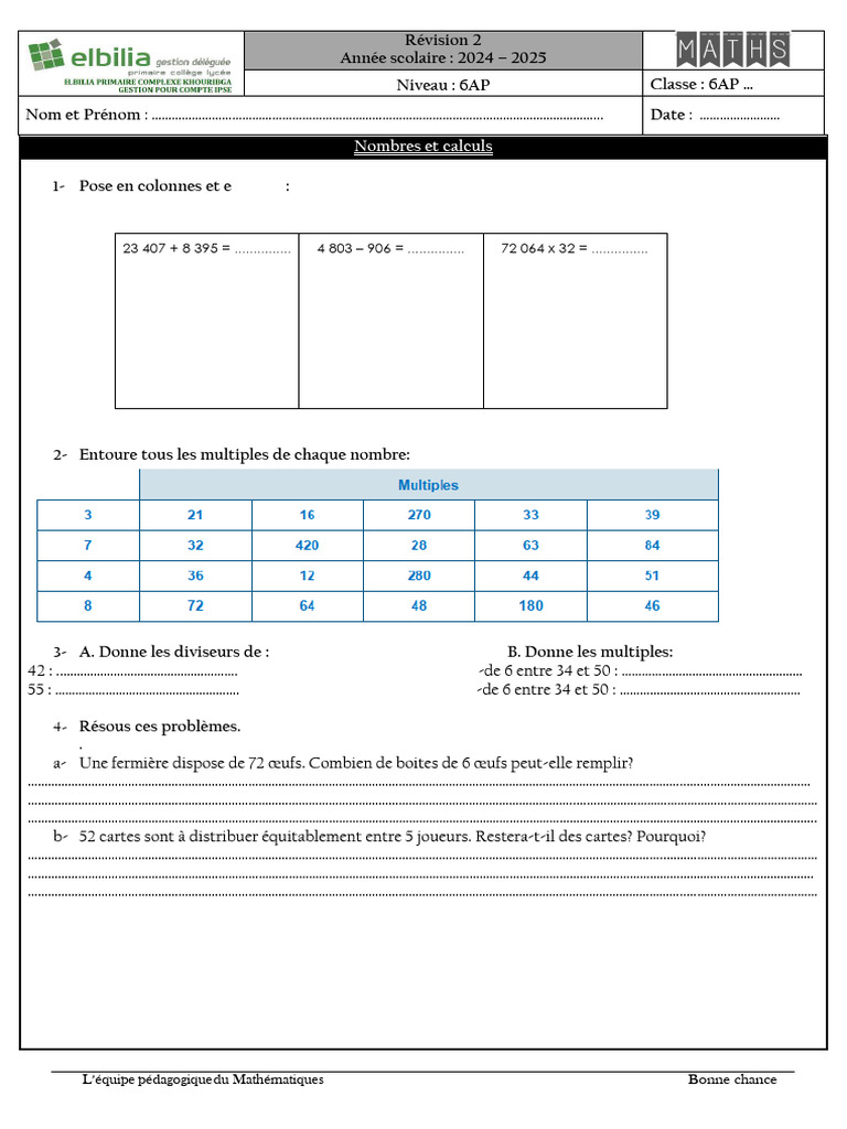 Exercices de mathématiques 6AP | PDF