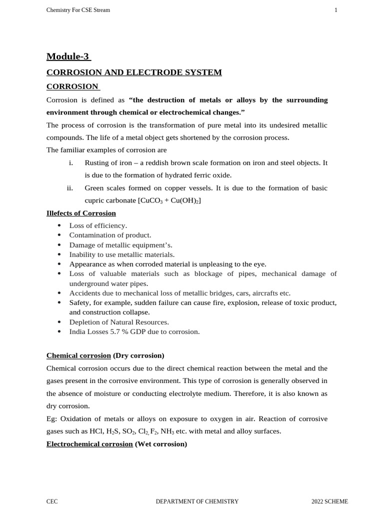 Module - 3 Corrosion & Electrode System | PDF | Corrosion | Electrochemistry
