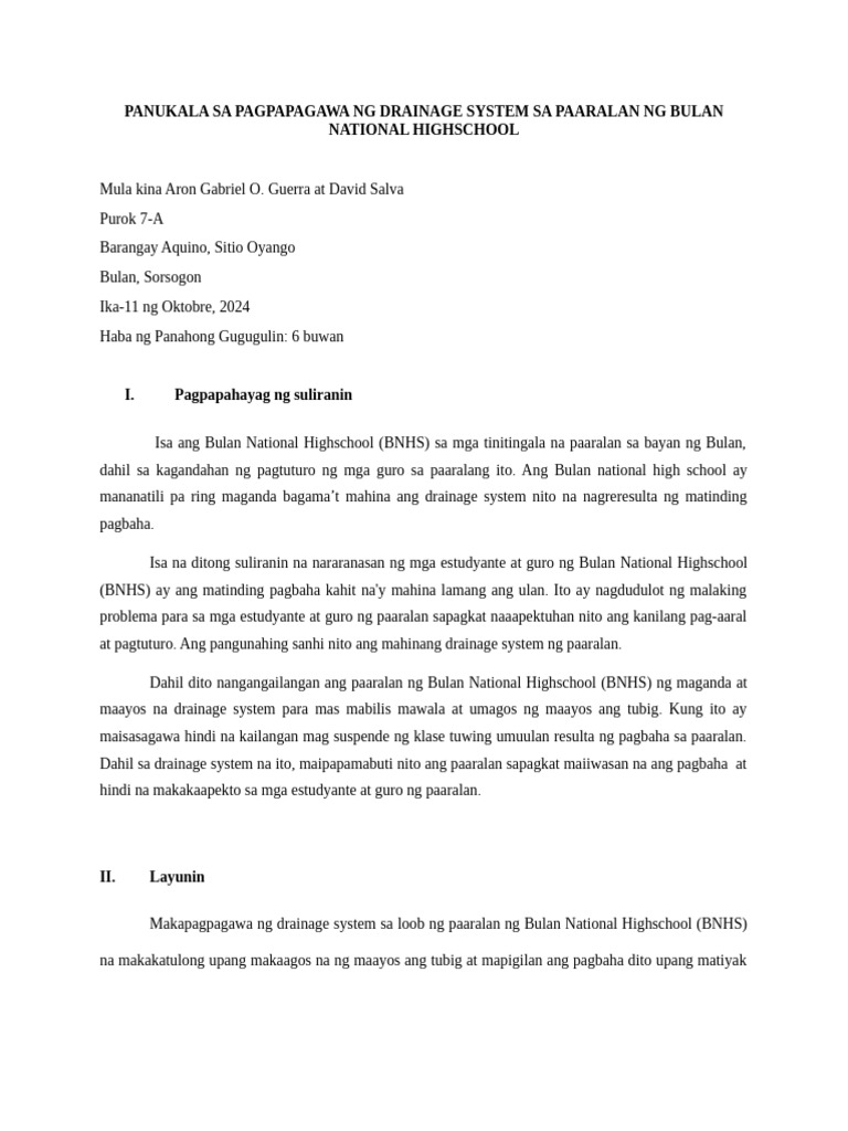 Panukala Sa Pagpapagawa NG Drainage System Sa Paaralan NG Bulan ...
