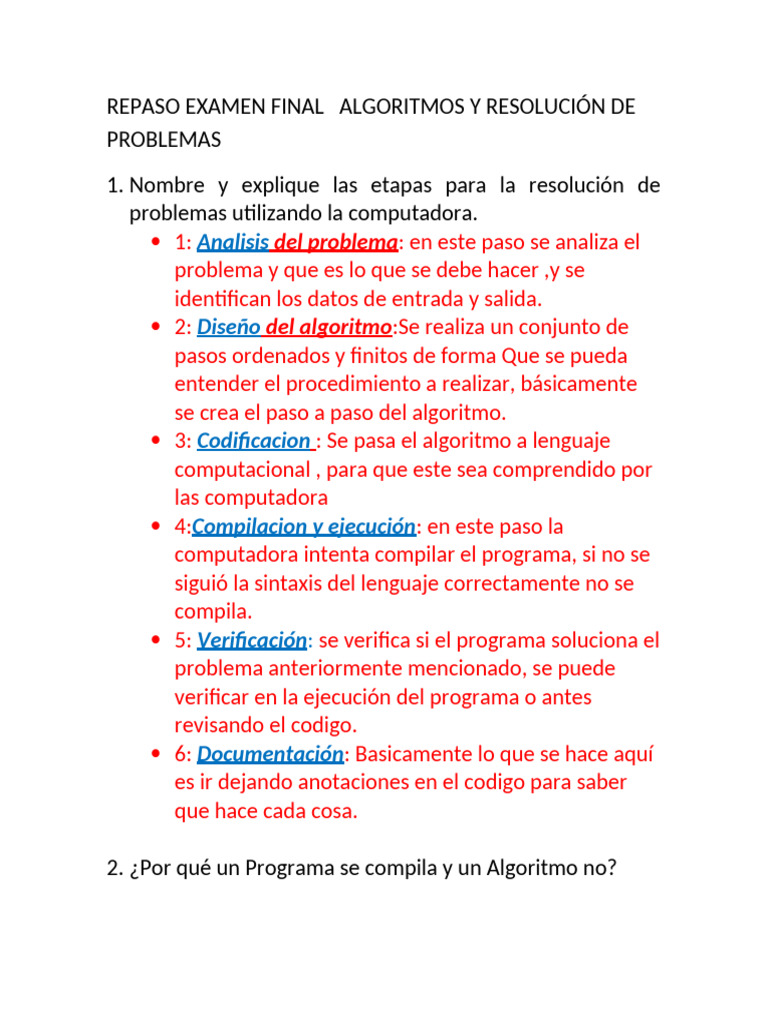 Repaso Examen Final Algoritmos y Resolución de Problemas | PDF | Programa de computadora ...