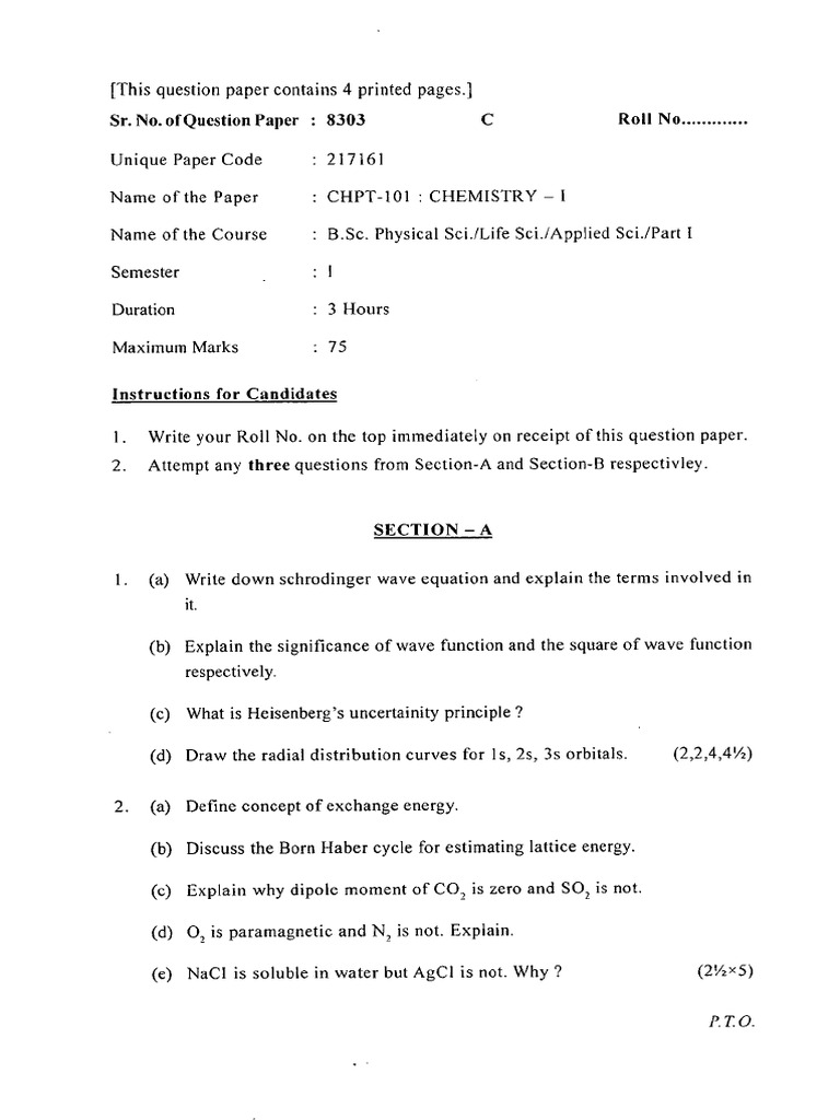 BSC Physical Sci Life Sci Applied Sci Part I Chemistry I | PDF