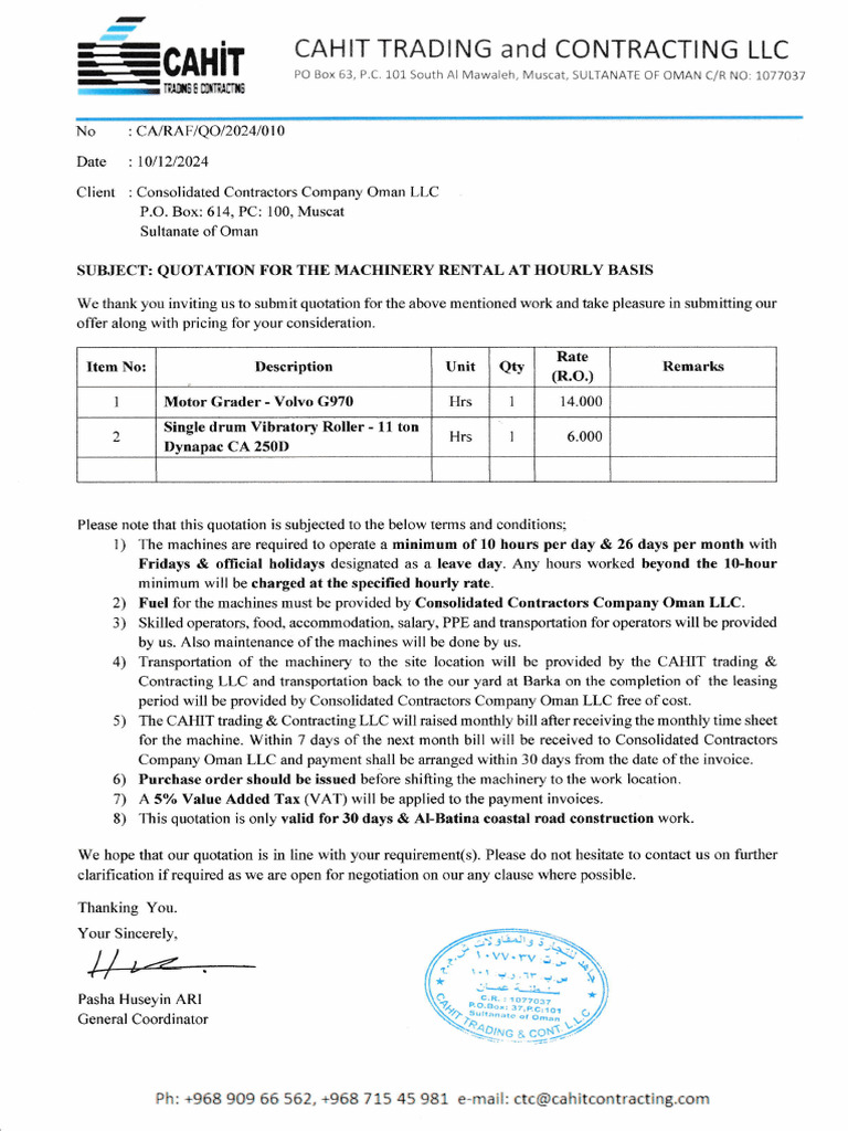 Machinery Rental Quotation for CCC Oman | PDF | Business | Government ...