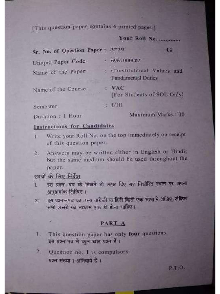 Constitutional Values and Fundamental Duties Ques Paper | PDF