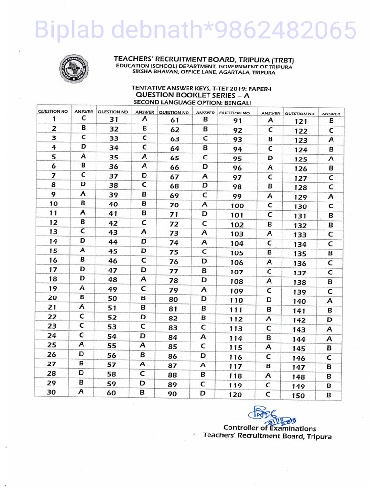 TET - 1 Final Answer Sheet 26.10.19 | PDF