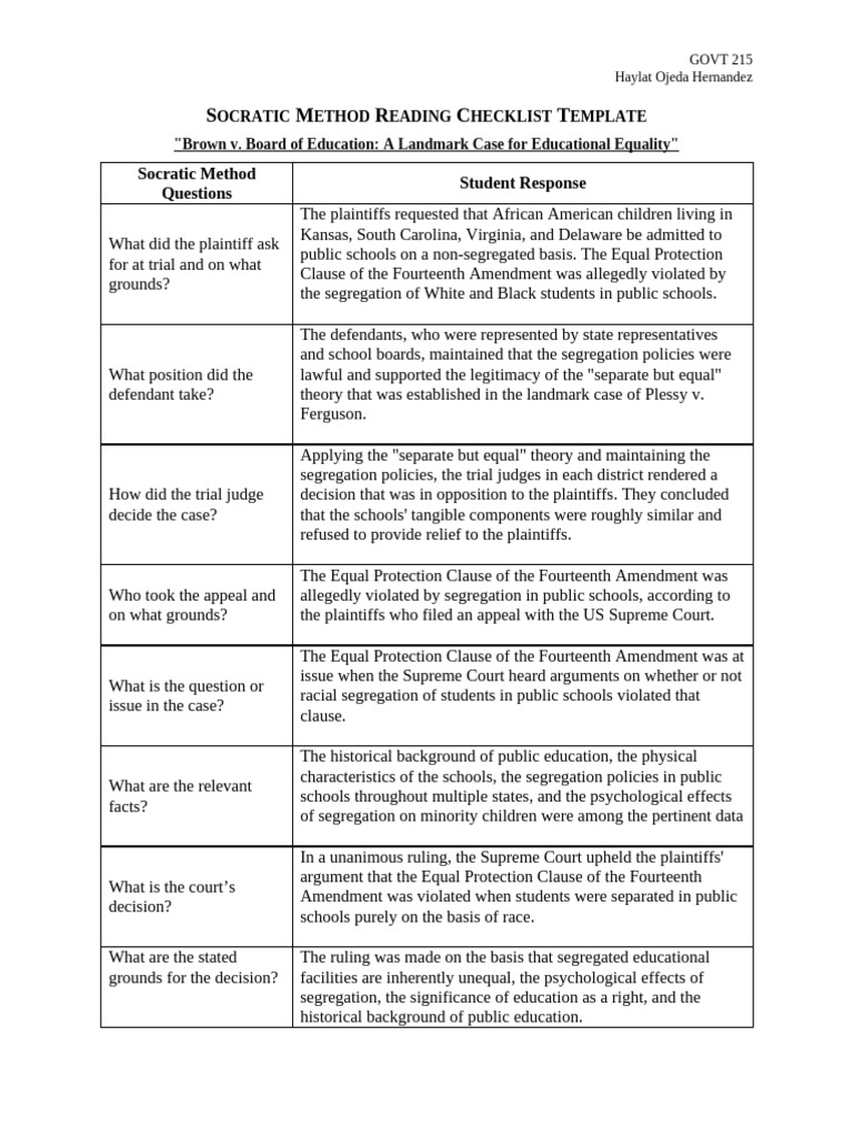 Socratic Method Reading Checklist GOV215 | PDF | Fourteenth Amendment ...